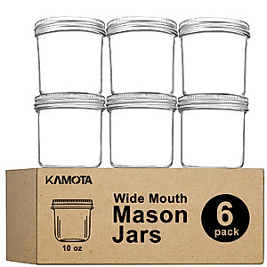 KAMOTA Wide Mouth Mason Jars 10 oz, 10oz Mason Jars Canning Jars Jelly Jars With Wide Mouth Lids and Bands, Ideal for Jam, Honey, Wedding Favors, Shower Favors, Baby Foods, 6 PACK…