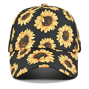 Womens Criss Cross Ponytail Hat Sunflower Hat Ponytail Bun Sun Hat for Women (Black)