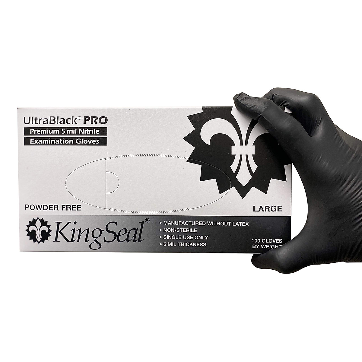 KingSeal UltraBlack-PRO LARGE Nitrile Medical Grade Exam Gloves, Latex Free, 5 MIL, Textured Fingertips - 10 Boxes of 100 Gloves by Weight (1000 Count)