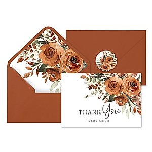Whaline 36Pcs Watercolor Floral Thank You Cards with Envelopes and Stickers Orange Rose Greeting Cards Blank Note Cards for Weddings Bridal Shower Baby Shower