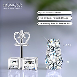 Howoo Moissanite Stud Earrings for Women White Gold Sterling Silver Earrings with Two Moissanite Diamond Gifts for Women