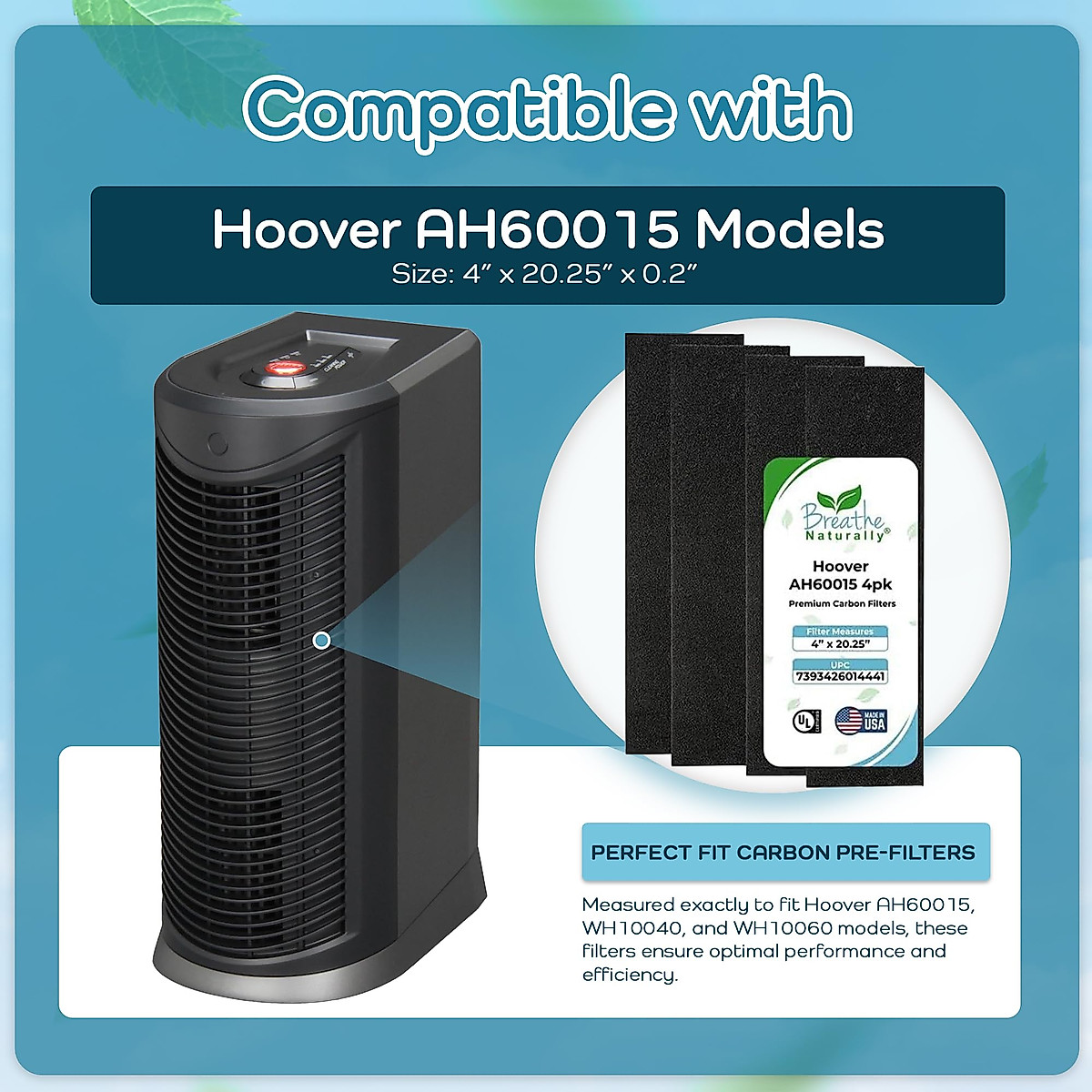 Breathe Naturally - Extra Thick Replacement Carbon Pre-Filters Compatible with Hoover AH60015, WH10040, WH10060 - Premium Carbon Filter Replacement - Made in USA - Perfect for Home & Office(4 pack)