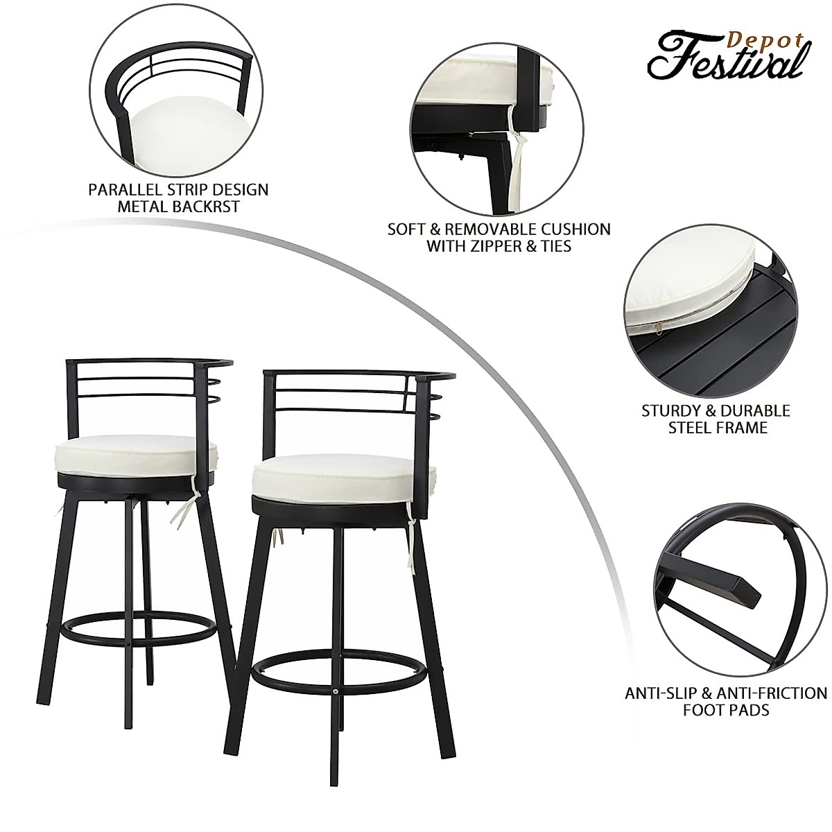 Festival Depot 6 Pcs Patio Swivel Chair Bar Stools Outdoor Armchair with Black Metal Frame Removable Cushion for Bistro Bar Indoor Home Counter Garden Pool (Beige)