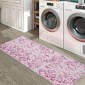 Moroccan Area Rug,2'X 4.3' Washable Pink Runner Rug Distressed Accent Rug Non-Slip Bath Mat Soft Faux Wool Floor Carpet for Kitchen Bedroom Bathroom Living Room