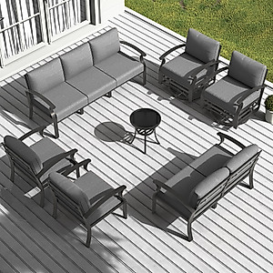 RTDTD Aluminum Patio Furniture Set, 9 Seats Outdoor Patio Conversation Set with Swivel Chair Modern Metal Patio Sectional Sofa with Upgrade Cushions for Patio, Backyard Grey