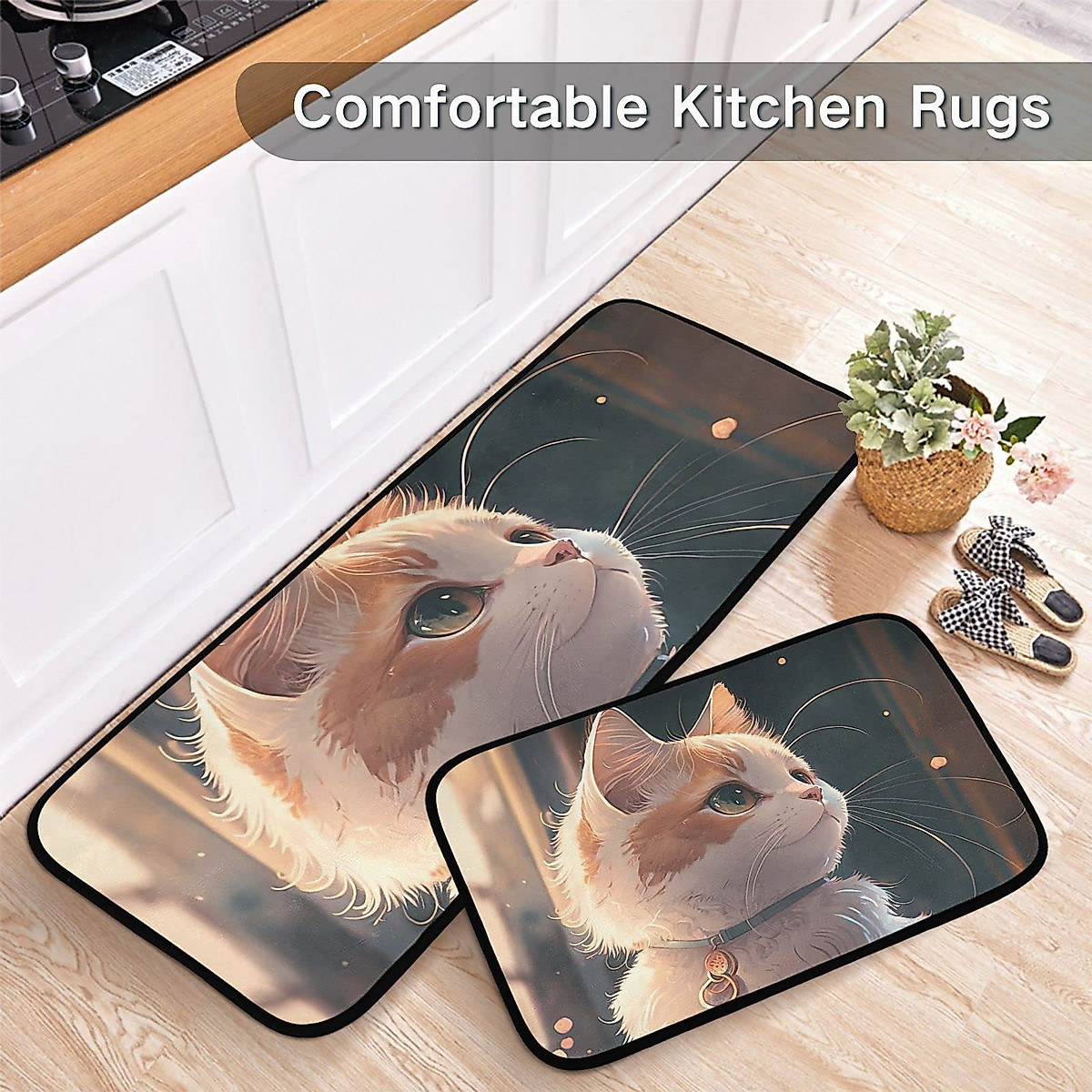 NFMILI (Anime Beautiful Cat) Kitchen Mat 2 PCS Cushioned Anti-Fatigue Kitchen Rug, Waterproof Non-Slip Floor Mats Thick Ergonomic Comfort Standing Mat for Kitchen Sink Laundry room bedroom living room