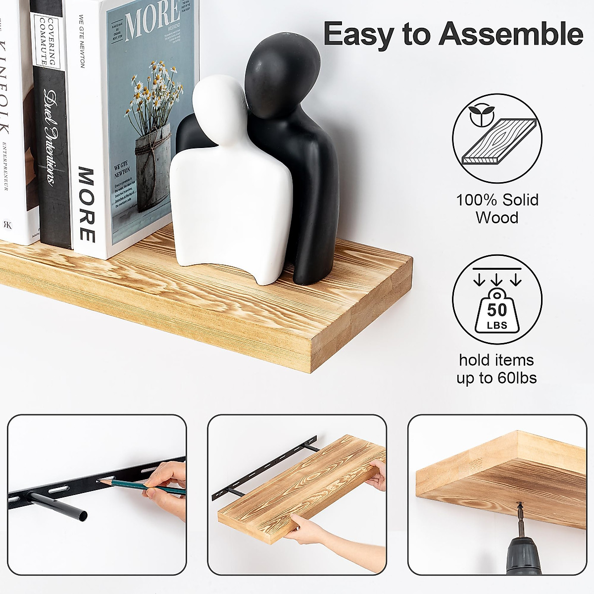 Axeman Rustic Floating Shelves, 2 Pack 36 Inch Floating Wood Shelves for Wall, 8 Inch Deep Wooden Shelves for Living Room Bedroom Laundry Room Garage Farmhouse - Carbonized Black