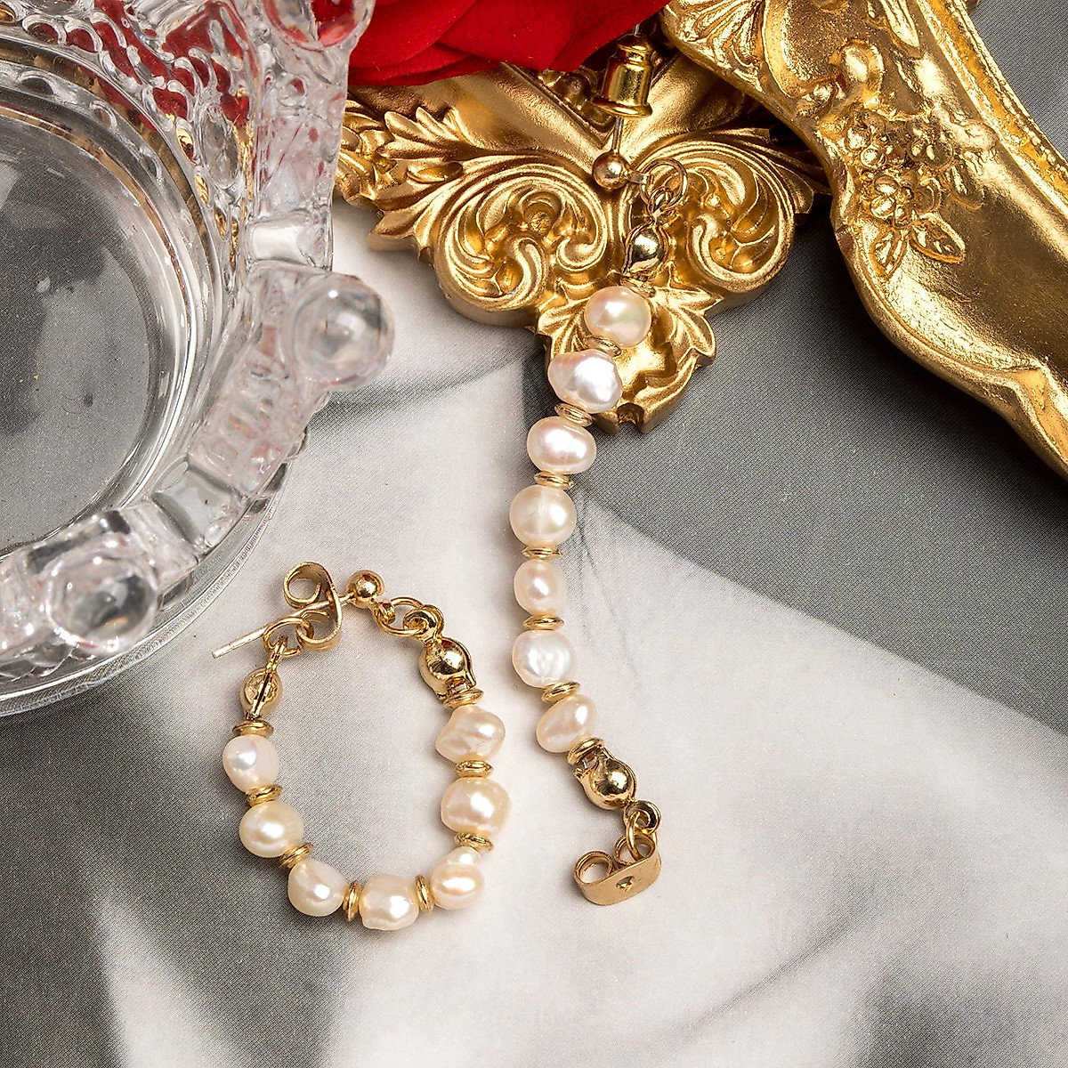 Pearl Hoop Earrings 925 Silver Handmade Baroque Cultured Pearls Dainty Circle Dangle Vintage Geometric Hypoallergenic 14K Gold Plated Jewelry for Women