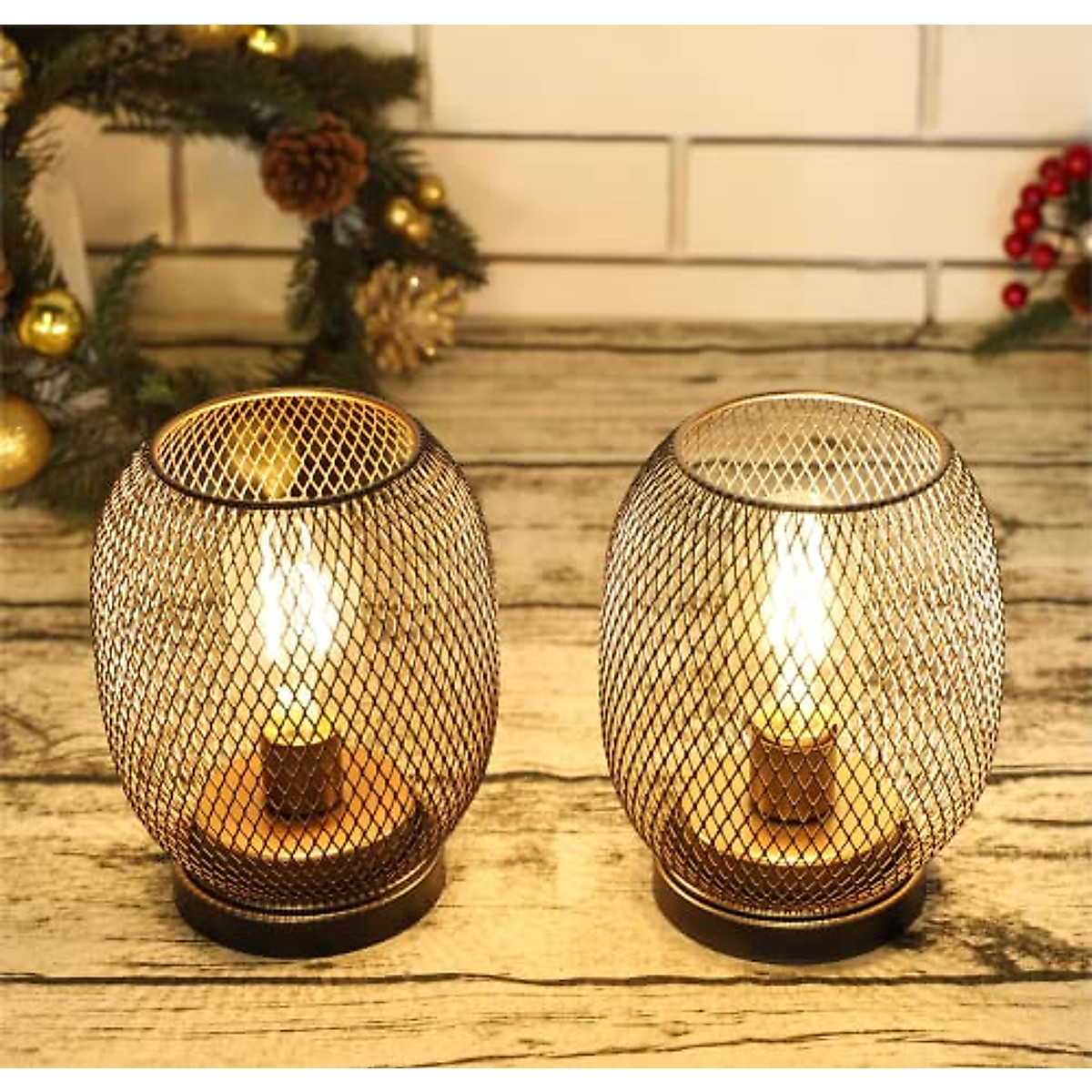 JHY DESIGN Set of 2 Metal Cage LED Lantern Battery Powered,Cordless Accent Light with LED.Great for Weddings,Parties,Patio,Events for Indoors Outdoors（Round Shape