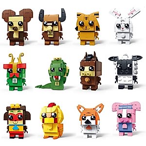 QPZ 12 Small Zodiac Animals Pets Mini Goodie Bag Fillers Packs, Horse Dog Monkey Tiger Rabbit Dragon Small Building Blocks Sets Compatible Party Favors for Kids