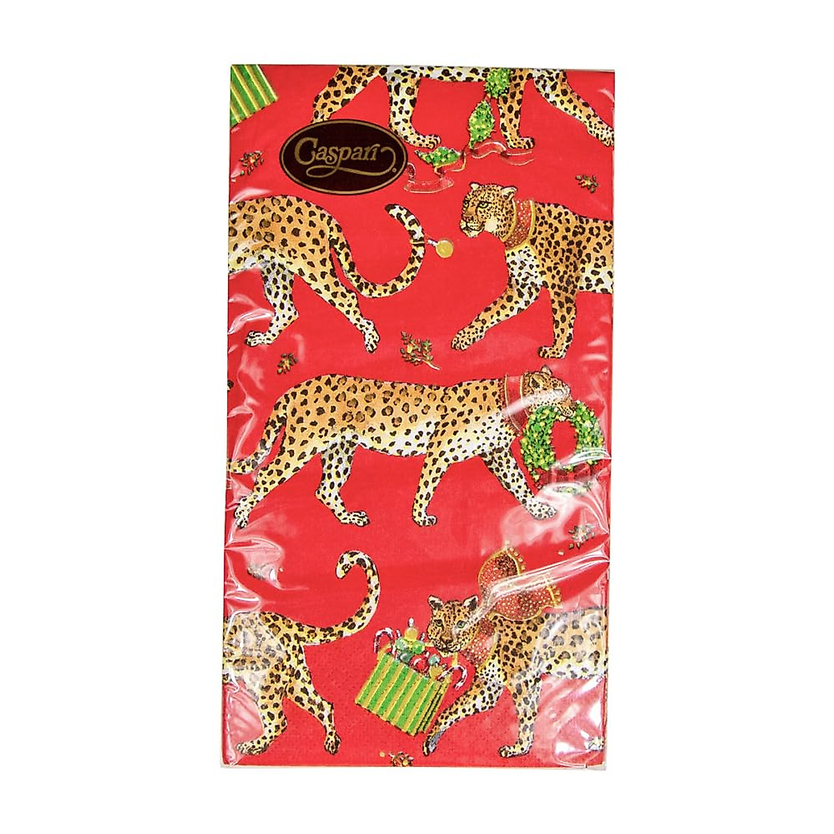Caspari Christmas Leopards Paper Guest Towel Napkins in Red - Two Packs of 15