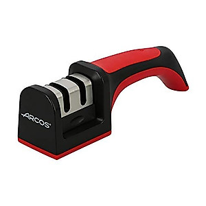 Arcos Sharpeners Manual Knife Sharpener tool. Made of ABS + TPE. Carbide and Ceramic Rollers. Keep Your Knives Razor Sharp. Black and Red Color
