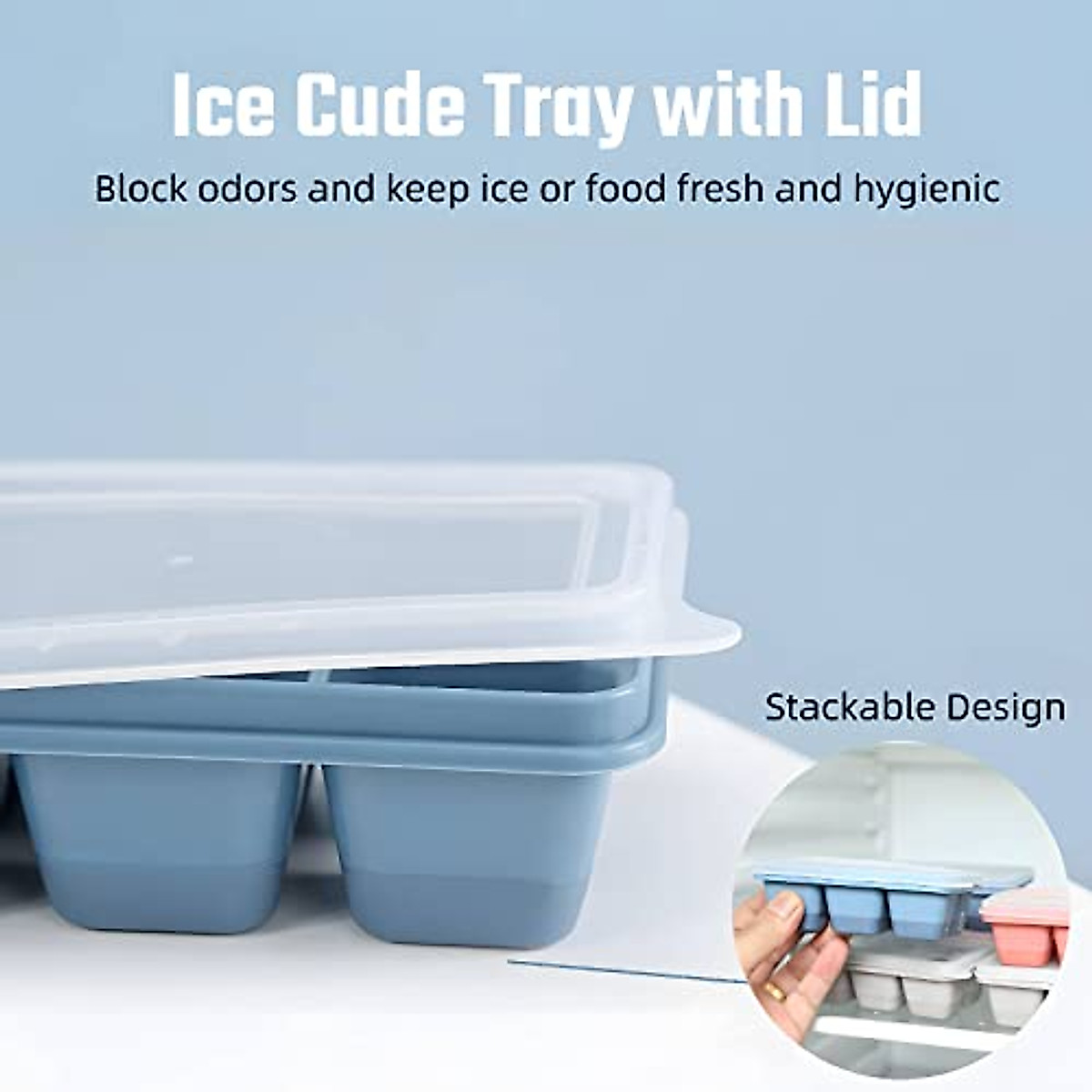 Ice Tray, 3 Pack Ice Cube Trays for Freezer, Silicone Ice Cube Tray with Lid, 6 Square Ice Cubes per Tray for Whiskey, Cocktail, Juice, Reusable Ice Cube Molds, Small Soup Freezer Containers with Lid
