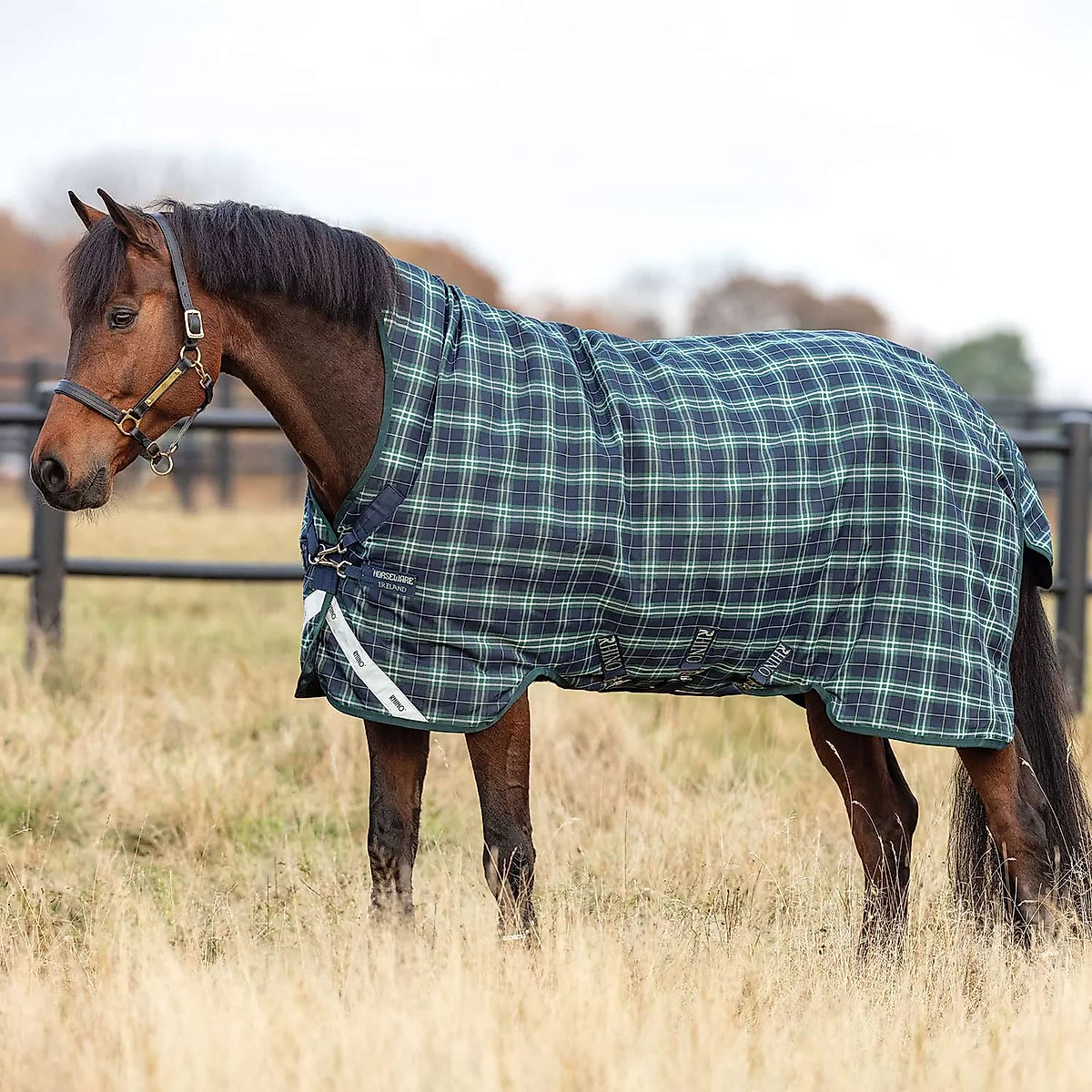 HORSEWARE Ireland Rhino Wug Lite Durable Waterproof Breathable Horse Turnout Blanket - 100g Fill - Hunter Check/Green & Navy, 75