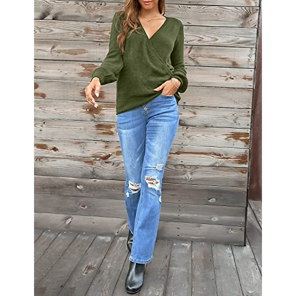 LookbookStore Fall Cute Sweater for Woman 2023 Winter Knit Sweaters Trendy Tops Army Green Long Sleeve Faux Wrap Surplice V Neck Wrap Sweater for Women Pullover Sweater Tunic Top Size M Size 8 10