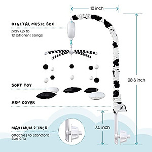 EVERLOVE | Montessori Mobile Baby for Crib | Digital Music Box with 12 lullabies & 3 Modes (Rotating only, Music only, Rotating with Music) - Black and White Baby Mobile for Boys & Girls