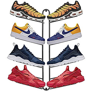 mDesign Modern Metal Shoe Organizer Display & Storage Shelf Rack - Hang & Store Your Collection of Kicks, Running, Basketball, Trainers, Tennis Shoes, Holds 16 Shoes, Wall Mount; 2 Pack- Graphite Gray