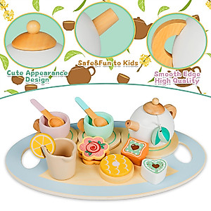 VewePata 17Pcs Wooden Tea Set for Little Girls, Toddler Tea Set Play Kitchen Accessories Play Food Playset for Kids Tea Party, Wooden Toys for 2 3 4 5 6 7 8 Year Old Girls Birthday Gifts
