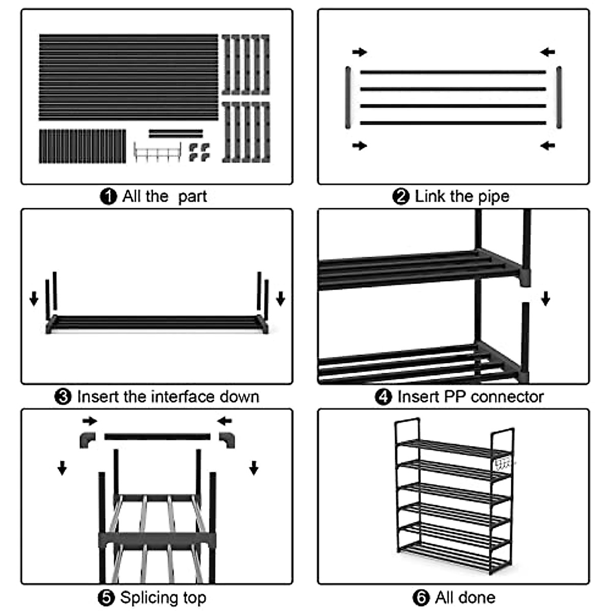 Hsscblet 6 Tiers Metal Shoe Rack,Adjustable Shoe Shelf Storage Organizer with Versatile Hooks,Stackable Boot & Shoe Storage,for Entryway,Hallway,Living Room,Closet,Black