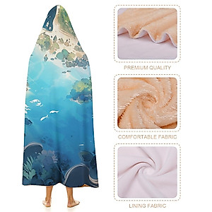 Hooded Blankets Blue Ocean Fish Wearable Hooded Blankets Nature Nautical Ocean Flannel Soft And Comfortable Fit for Kids Adults Teens for Sofa Lounge Bed Napping 50"x60" Spring Summer Blanket Hoodie
