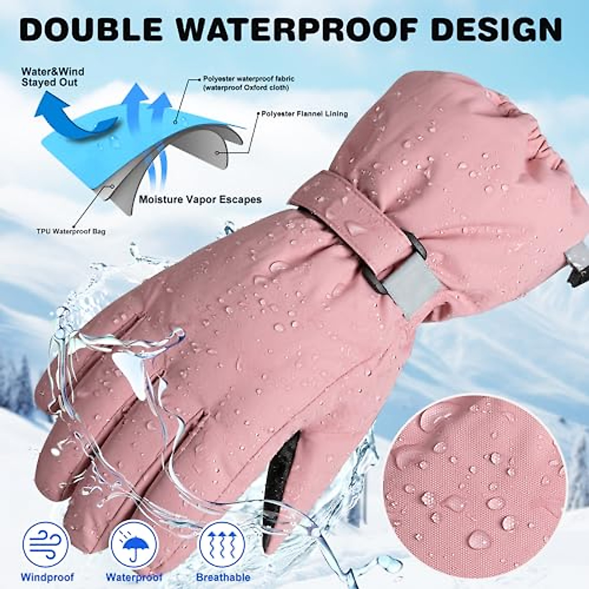 ThxToms Kids Winter Gloves, Waterproof Ski Snow Gloves for Boys and Girls, Winter Warm Gloves for Cold Weather Outdoor Play(Morandi Pink, M)