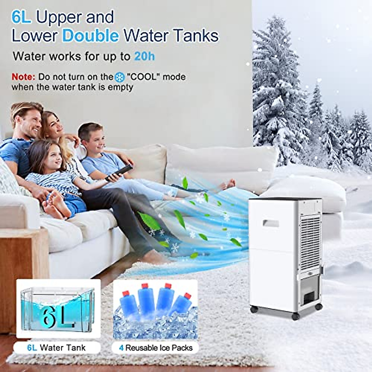 Portable 3-IN-1 Air Conditioners for Room, Portable AC Unit with 1.6 Gallon Water Tank, 4 Modes & 3 Speeds, Personal Air Cooler with Remote Control Fast Cooling for Room Home Office