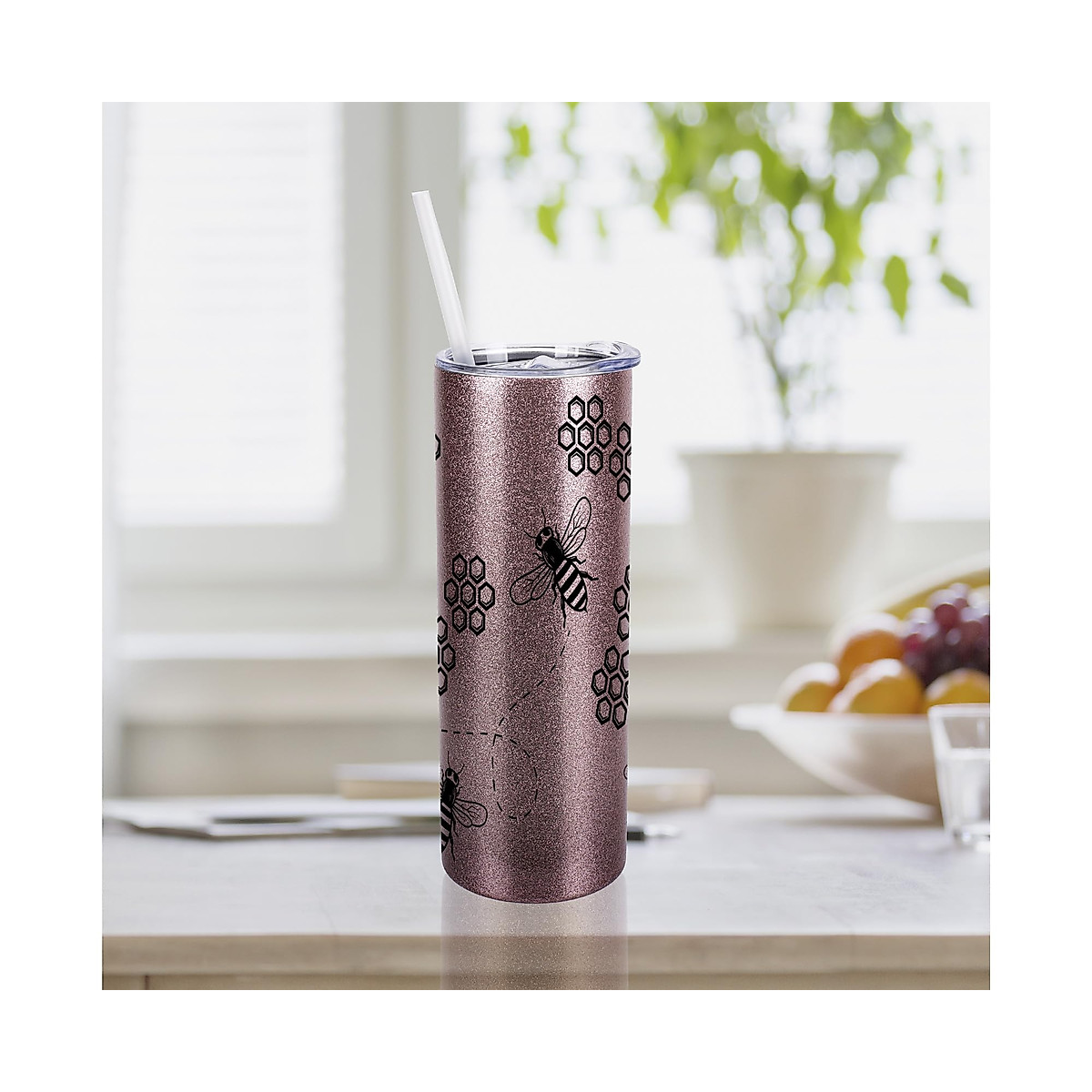 Elanze Designs Bumble Bee Hive Honeycomb Wrap-Around Design 20 Ounce Insulated Stainless Steel Coffee Travel Tumbler Mug Cup, Slide Top Lid & Reusable Straw, Bubblegum Pink Glitter