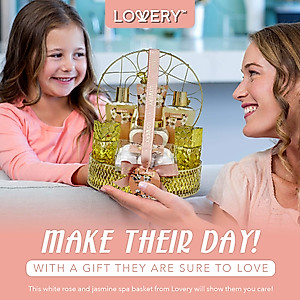 Valentines Day Perfume Set, Bath and Body Gift Basket For Women, 13pc Set of White Rose & Jasmine Cosmetic and Home Spa Set with Bath Bombs, Body Mist, Perfume, Intricate Gold Perfume Holder and More