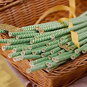 Paper Straws, Webake Paper Drinking Straws, 100 Bulk 7.75 Inch Disposable Biodegradable Straws, Wave Patterned Restaurant Supplies Party Decorations, Christmas Green Striped
