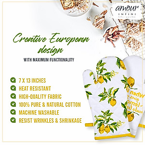 AMOUR INFINI Pot Holders, Oven Mitt and Kitchen Towel Heat Resistant 5-Piece Cotton Kitchen Set Perfect for Cooking, Baking, and Grilling Easter Gift Set (Citrus Splash)