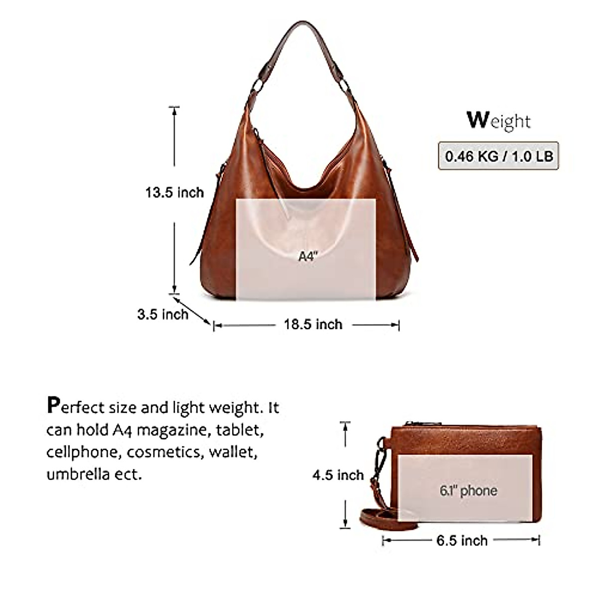 Hobo bags for women Fashion Shoulder Bag Tote Satchel Hobo Handbags Purse Set (Brown -3pcs)