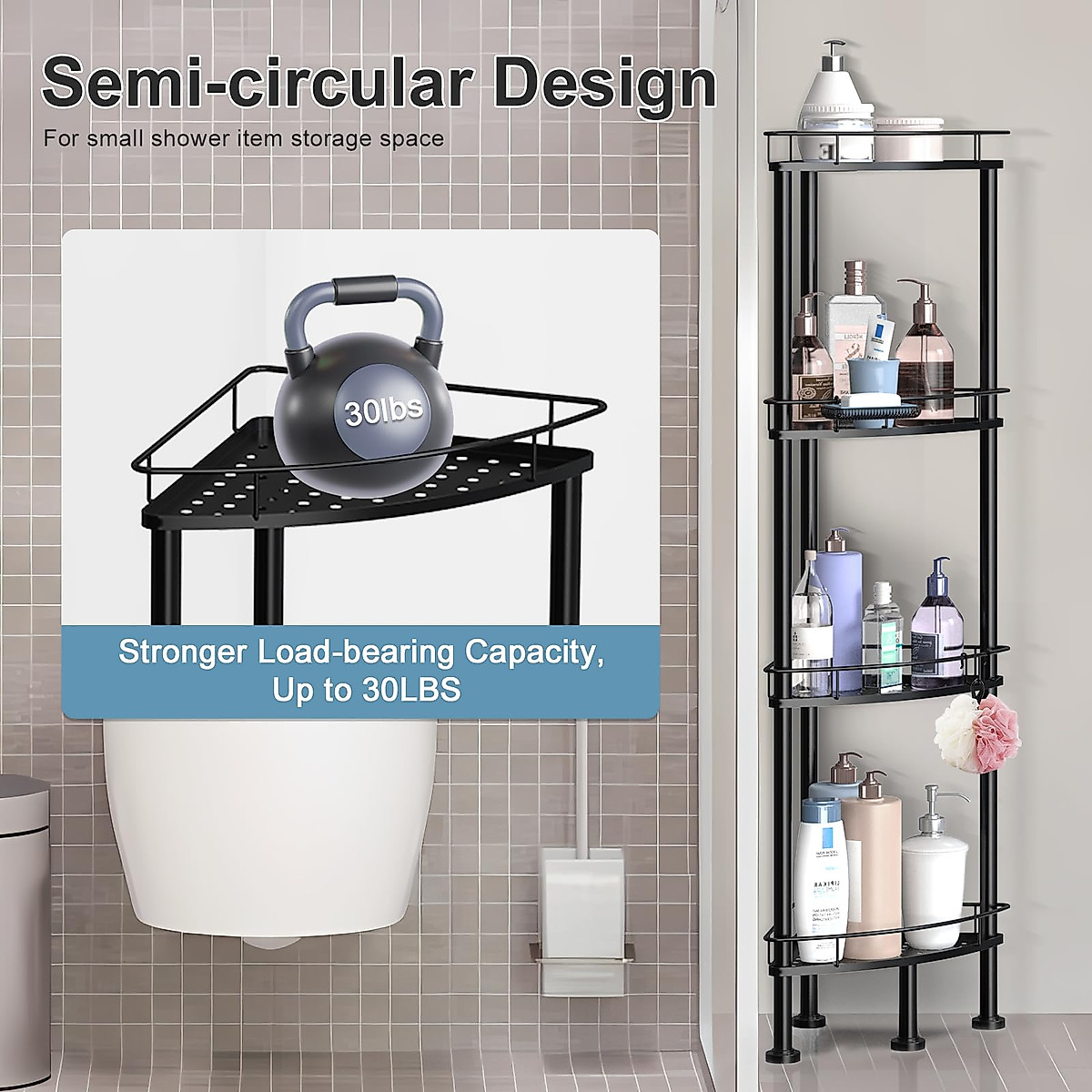 OGEMXU Corner Shower Caddy Stand, 4 Tier Shower Organizer Corner for Bathroom Shampoo Storage, Unshakable Sturdy Floor Shower Shelf with Soap Holder, Rustproof Metal Stand with 4 Hooks, Black