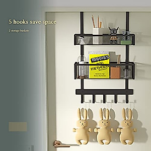 AMOOSON Over The Door Hooks Organizer Hanger, Coat Hooks Towel Rack with 2 Mesh Basket 5 Hooks Hanging Storage Spice Rack for Bathroom Bedroom Kitchen Over The Door Storage Organizer, Black