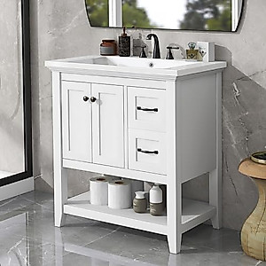30 Inch Bathroom Vanity Cabinet with Ceramic Sink, Two-in-one Functional Drawer, Sold Wood Legs, White