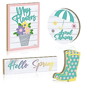4 Pcs Hello Spring Home Wood Sign April Showers May Flowers Table Decor Signs Rain Shoes Umbrella Farmhouse Kitchen Table Decor Decorative Wooden Signs for Home Decor Spring Party Decorations