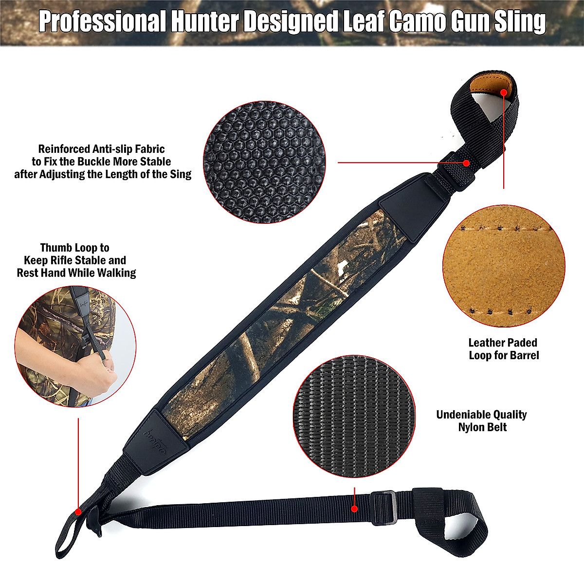 HUNTPAL 2 Point Non-Swivel No Drill Gun Sling for Shotgun Rifle, Neoprene Padded Hunting Sling 12/20 Gauge Shotgun Sling Shoulder Gun Strap with Thumb Hole