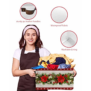 Anzona Christmas Poinsettia Storage Basket for Shelves, Xmas Floral Pine Needles Burlap Storage Cube Fabric Storage Bins, Closet Organizers with Handles for Book, Toys, Cloth, 15"x11"x9.5", 1 Pack