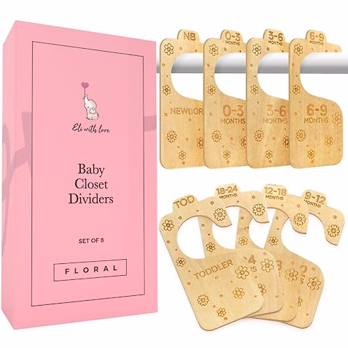 Baby Closet Dividers (Floral) by Eli with Love - 8 Premium Wood Double Sided Baby Closet Size Dividers - Ideal Baby Clothes Dividers for Closet – Organize Nursery Closet Hangers by Size/Age
