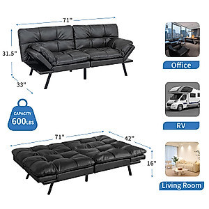 MUUEGM Faux Leather Futon Sofa Bed, Convertible Memory Foam Couch Bed, Modern Love Seat for Living Room,Compact Space,Apartment,Office,Adjustable Backrests Armrests Couch Sleeper,71" Matte Black