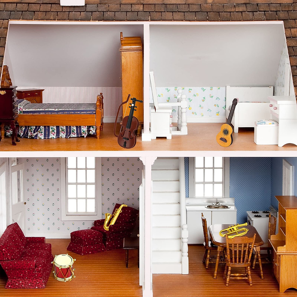 Dollhouse Miniature Musical Instrument Set in 1:12 Scale, Mini Dollhouse Musical Instrument Model Includes Violin Piano Trumpet Saxophone Electric Guitar, Model Accessory for Dollhouse Mini Music Room