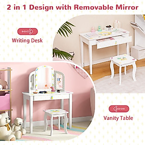 HONEY JOY Kids Vanity Set, Toddler Beauty Makeup Dressing Table w/Stool & Drawer, Tri-Fold Silver Mirror, Detachable Top, Pineapple Theme Wooden Princess Pretend Play Vanity Set for Little Girls