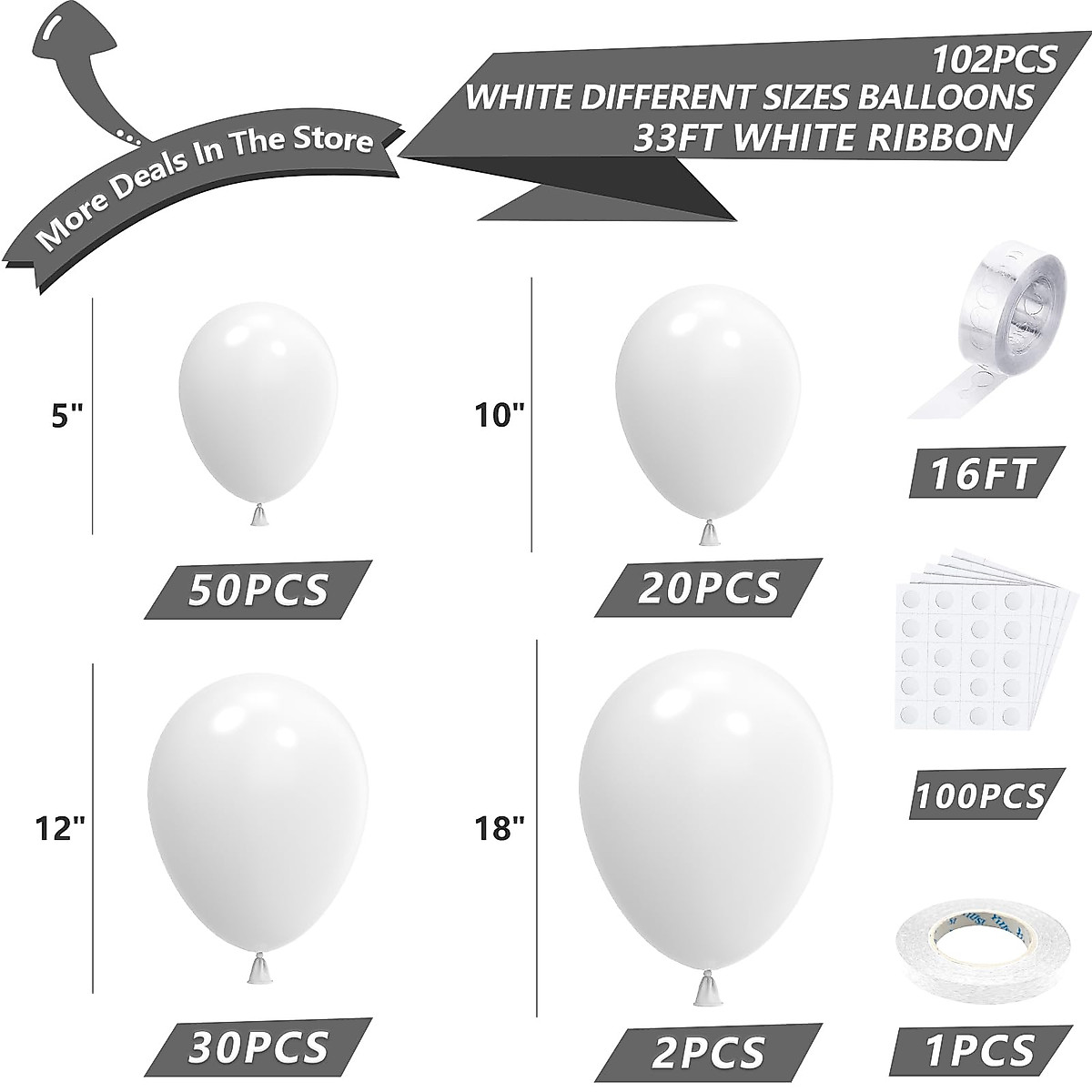 NISOCY White Balloons Arch Kit, 102PCS 18In 12In 10In 5In Arch Garland for Wedding, Bride Engagement, Festival Picnic, Birthday, White Theme Anniversary Christmas Decoration With 33FT Ribbon