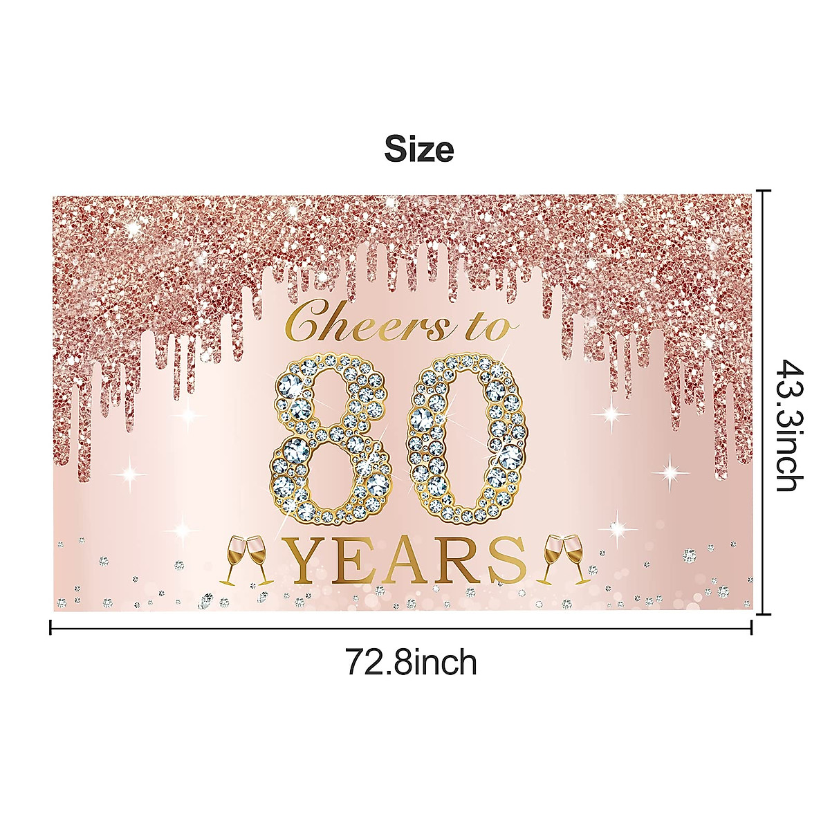Large Cheers to 80 Years Birthday Decorations for Women, Pink Rose Gold Happy 80th Birthday Banner Backdrop Party Supplies, Eighty Birthday Poster Background Sign Decor