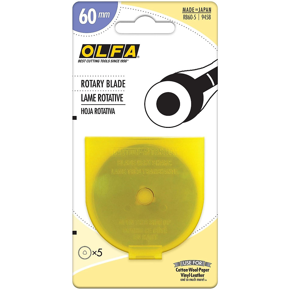 OLFA 60mm Rotary Cutter Replacement Blades, 5 Blades (RB60-5) - Tungsten Steel Circular Rotary Fabric Cutter Blade for Crafts, Sewing, Quilting, Fits Most 60mm Rotary Cutters