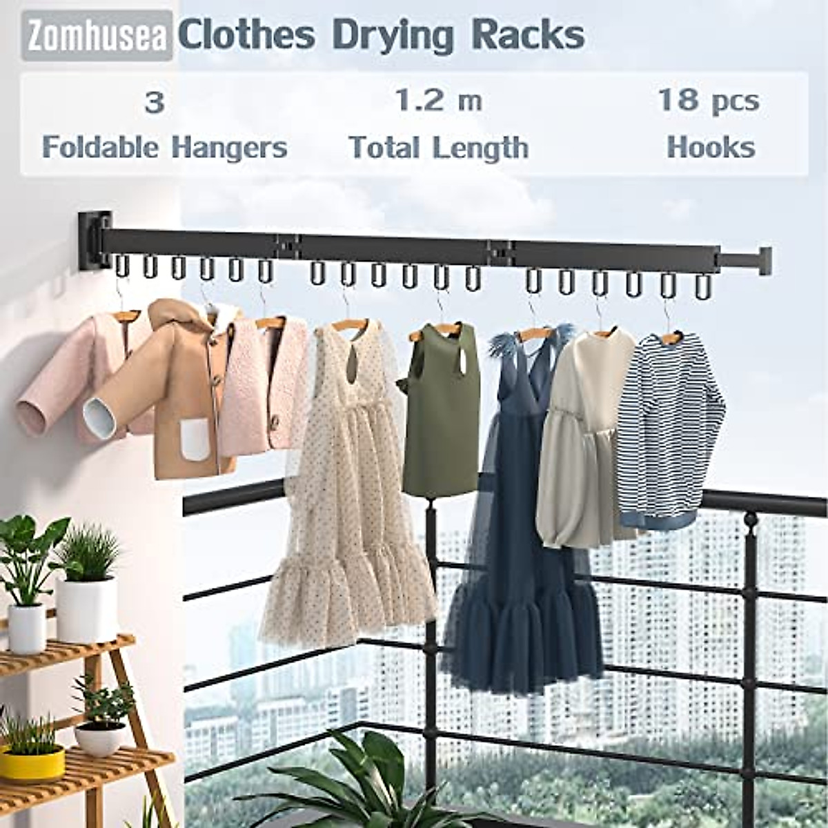 Zomhusea Clothes Drying Rack,Retractable Clothes Drying Rack Wall Mounted Clothes Hanger Rack,Aluminum Space-Saver Folding Clothes Drying Rack,Collapsible(Tri-Fold) Laundry Drying Rack(Black)