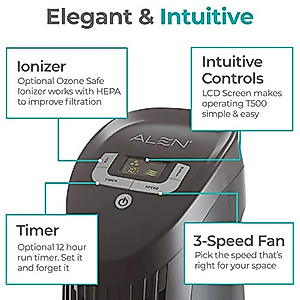 Alen T500 Air Purifier, Quiet Air Flow for Large Rooms, 500 SqFt, Portable Air Cleaner for Allergens, Dust, Pollen, Pet Dander, in Black