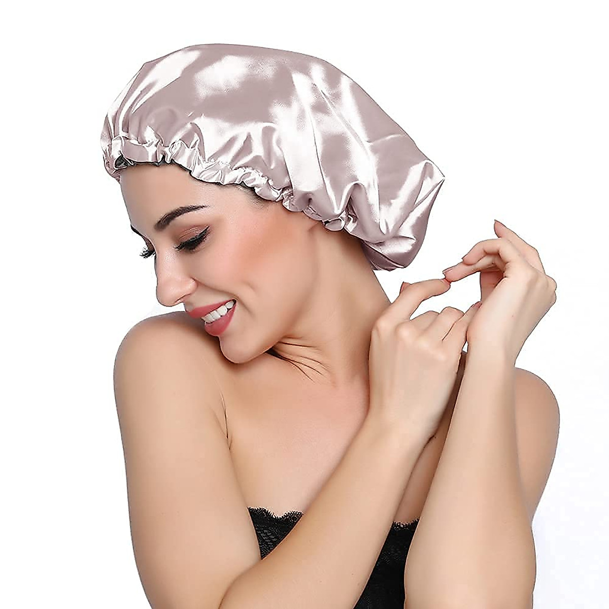 ELIHAIR Stain Bonnet Silky Sleep Cap Adjustable Satin Cap for Night Sleeping Hair Bonnet Reversible Double Layer Champagne/Grey
