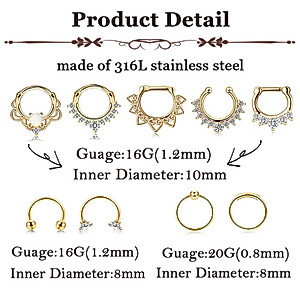 JOERICA 9 Pcs Stainless Steel Septum Hoop Nose Rings Cartilage Daith Earrings Clicker CZ Body Piercing Jewelry