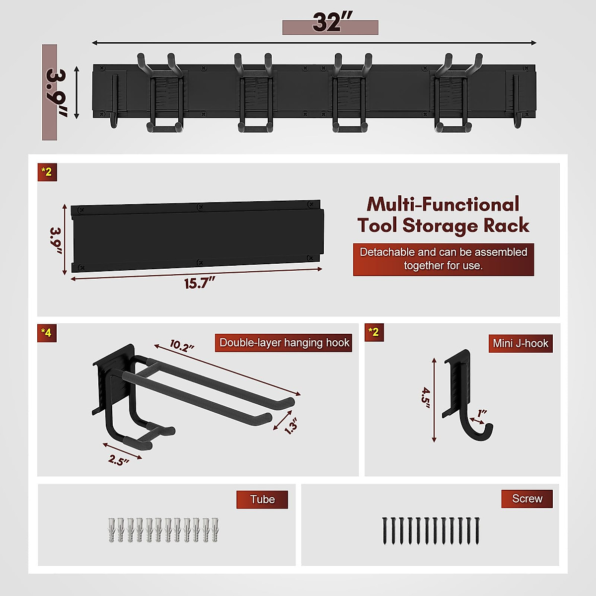 Vilaxing Garage Tool Organizer Wall Mount,Garden Tool Rack Organizer,32 Inch Study Tool Storage Rack for Garage Garden with 6 Adjustable Hooks and 2 Rails,Hold Up to 250lbs Black