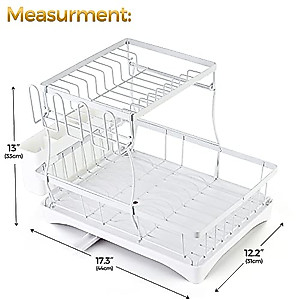 Dish Drying Rack for Kitchen Counter, 2-Tier Dish Racks with Drainboard, Large Capacity Dish Drainer Organizer Shelf with Utensil Holder, Wine Glass Holder（White）